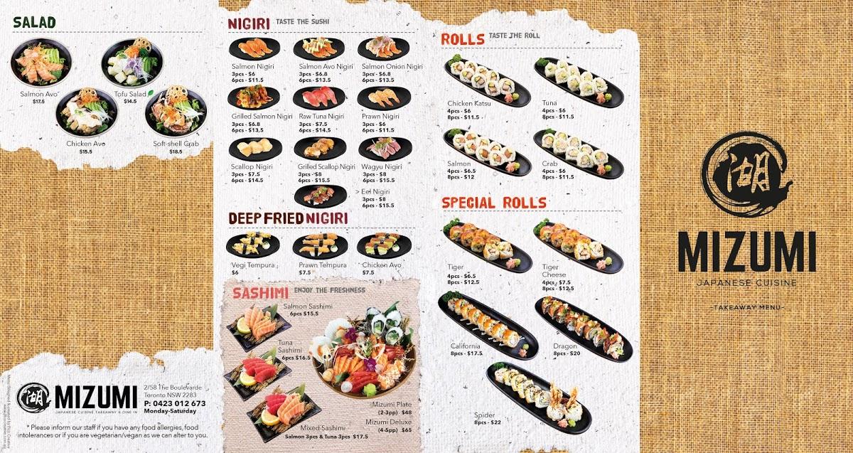 Menu at Mizumi restaurant, Toronto