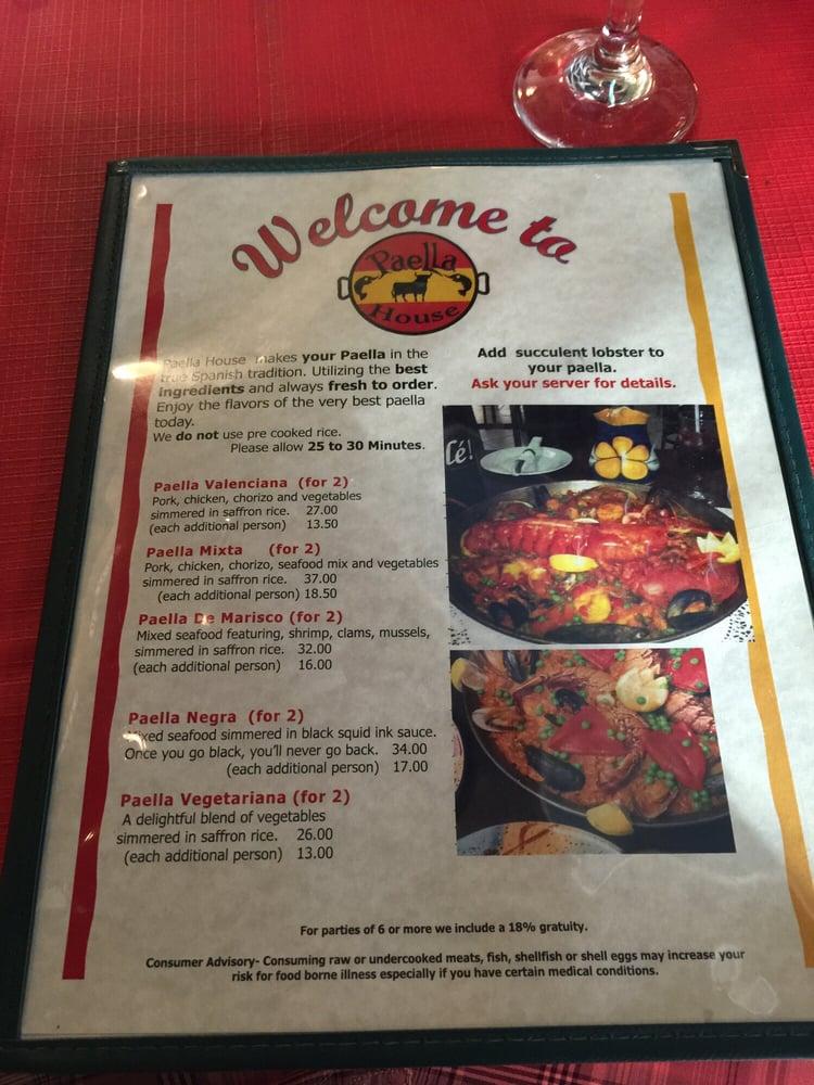 Menu at Paella House restaurant, Orlando