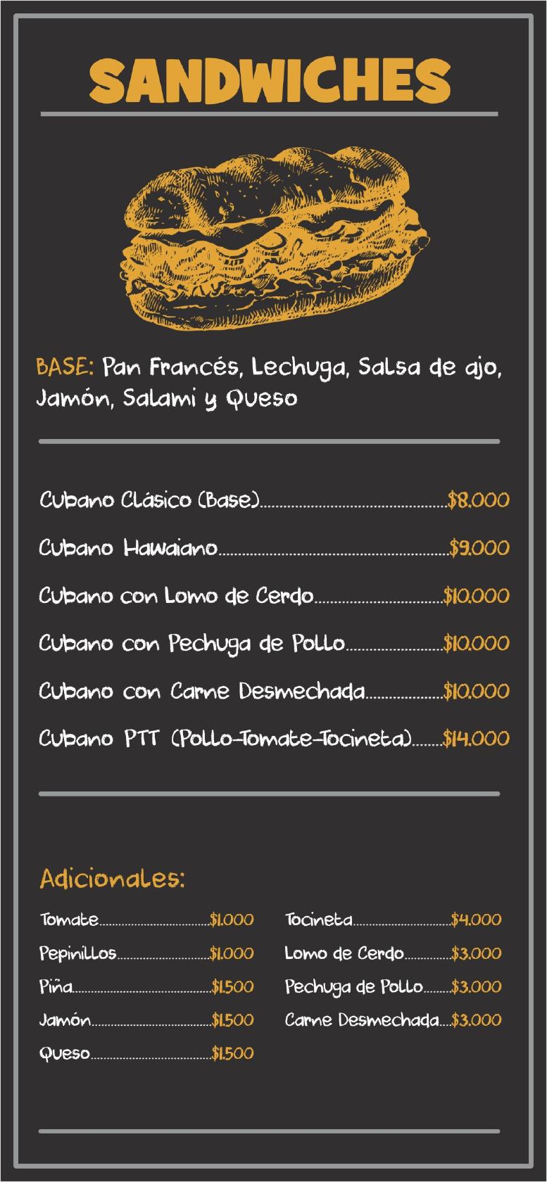 Menu at Sandwich Cubano El Sabor Original restaurant, Piendamó