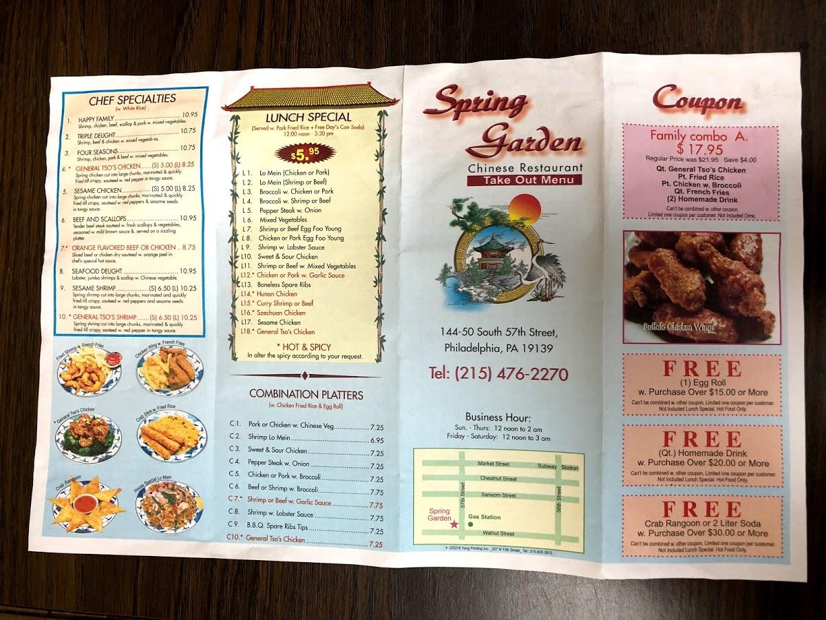 Menu at Spring Garden restaurant, Philadelphia, 144 S 57th St