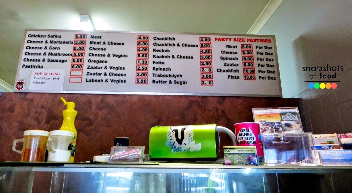 Menu at Bakery of Lebanon, Revesby