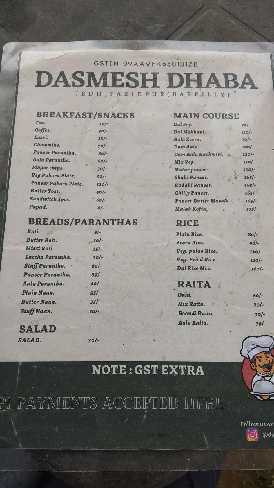 Menu at Dashmesh Dhaba, Jerh