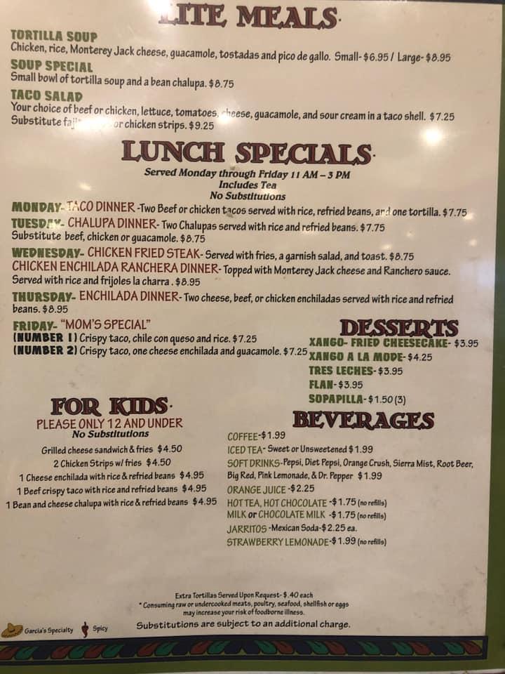 Menu at Garcia's Mexican Food Restaurant, Lockhart, S Colorado St