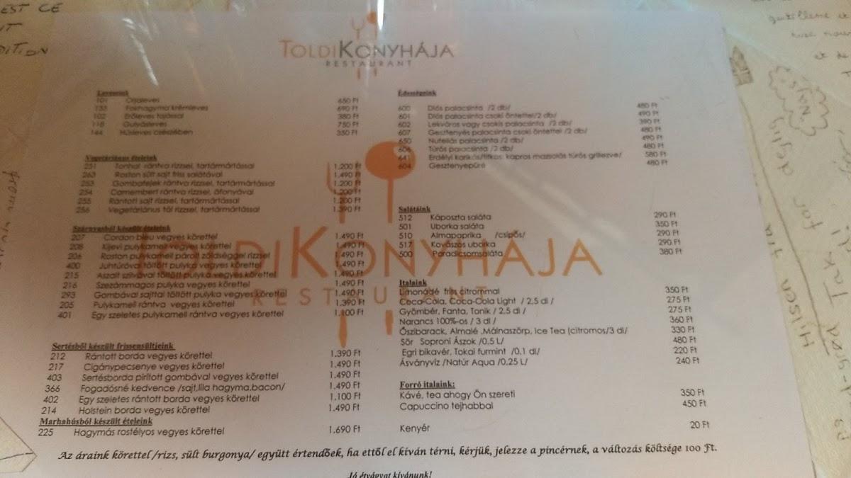 Menu at Toldi konyhája restaurant, Budapest