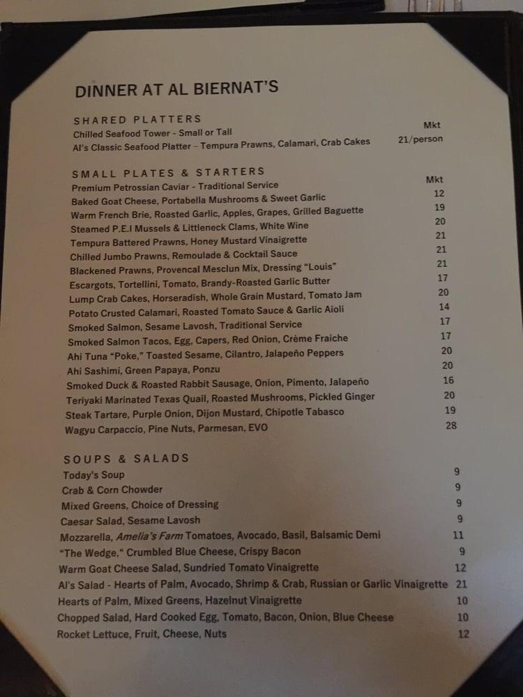 Menu at Al Biernat's steakhouse, Dallas