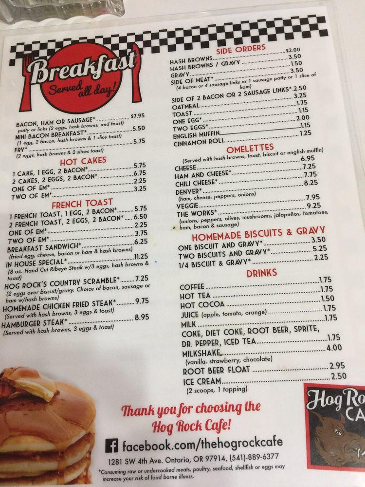 Menu at Hog Rock Cafe, Ontario