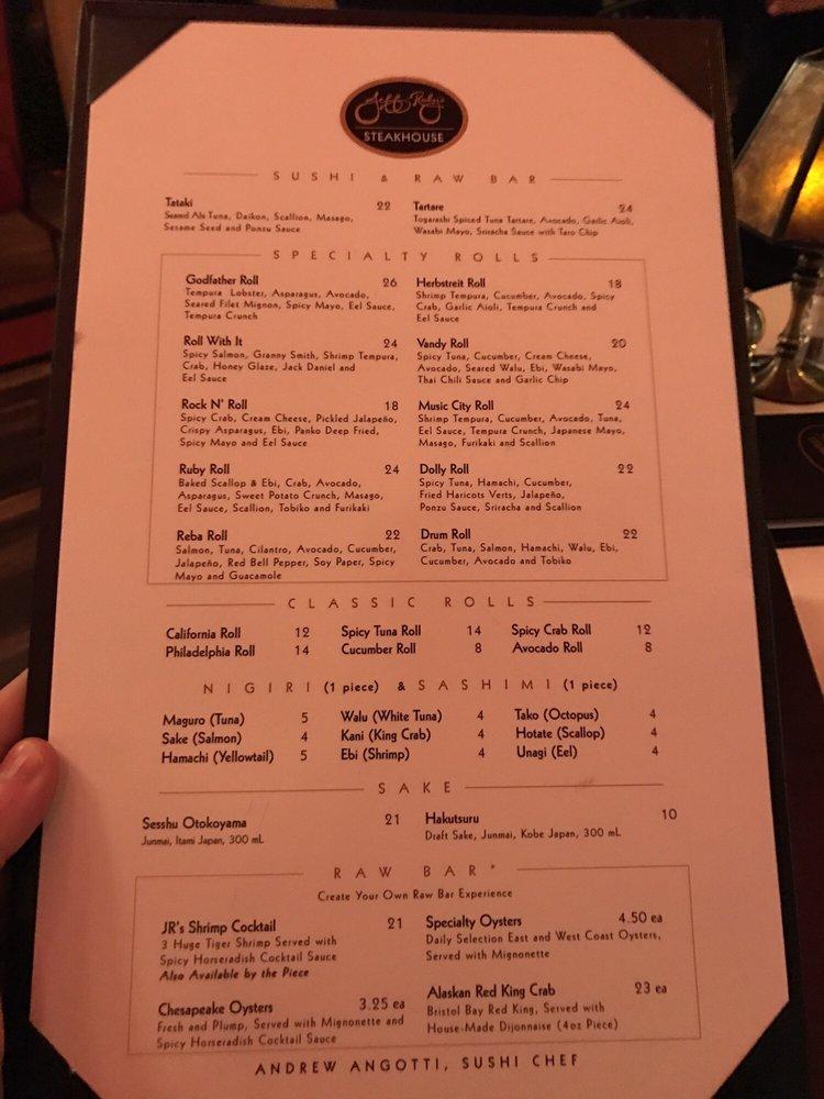 Menu at Jeff Ruby's Steakhouse, Nashville, Nashville