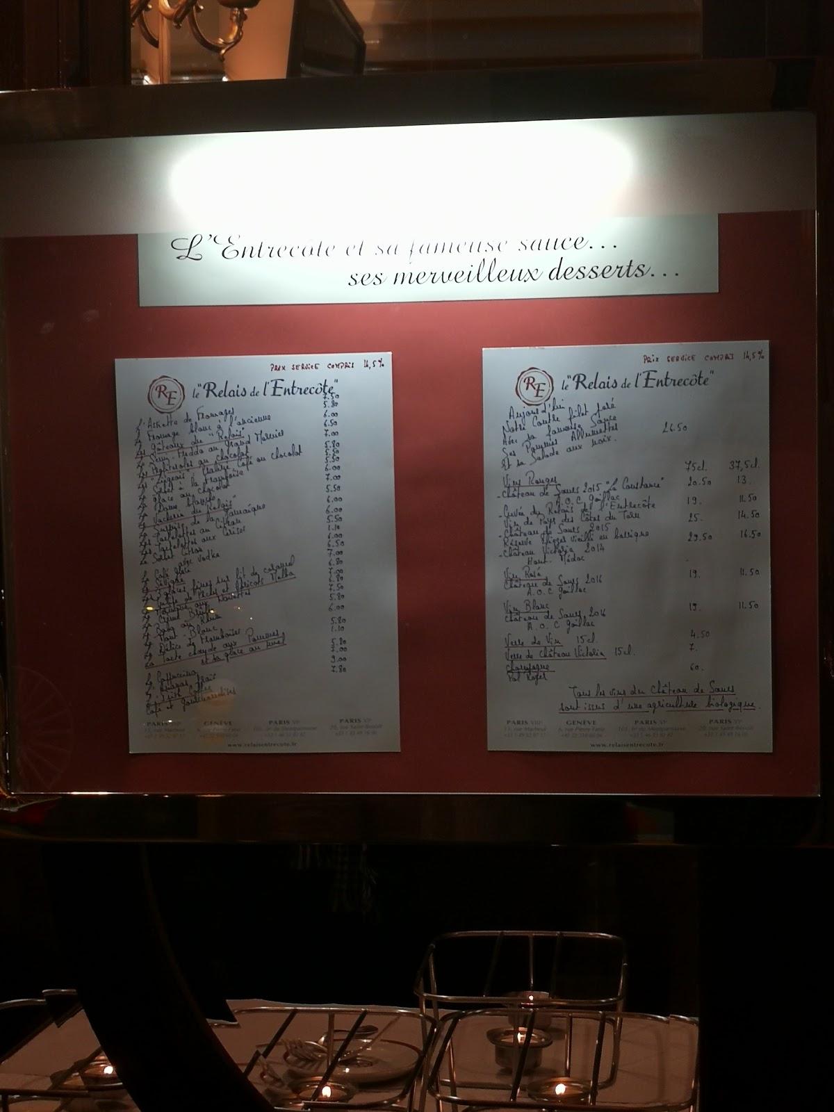 Menu au Le Relais de l'Entrecôte restaurant à viande, Paris, 20 Rue ...