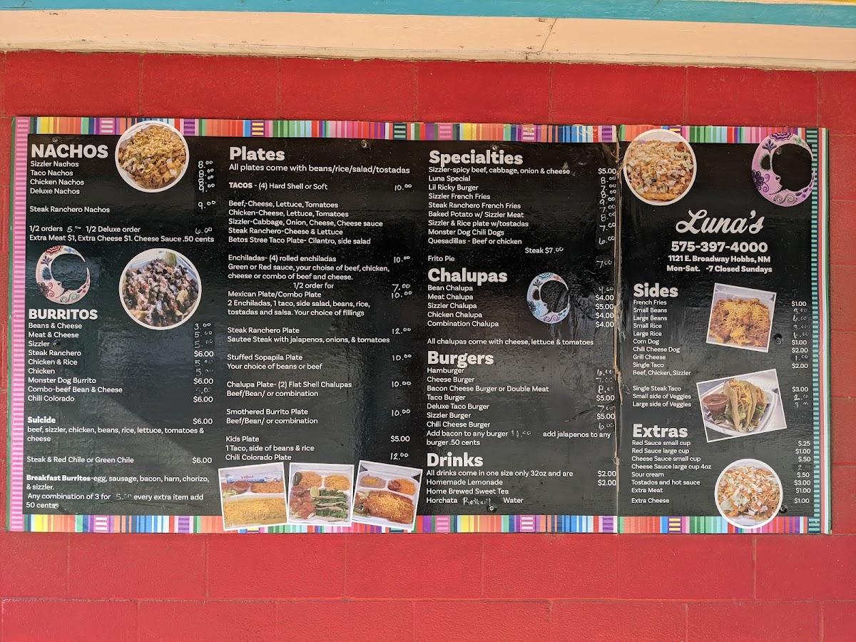 Menu at Lunas Drive Inn restaurant, Hobbs