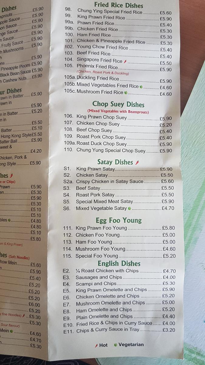 Menu at Chung Ying fast food, Tavistock