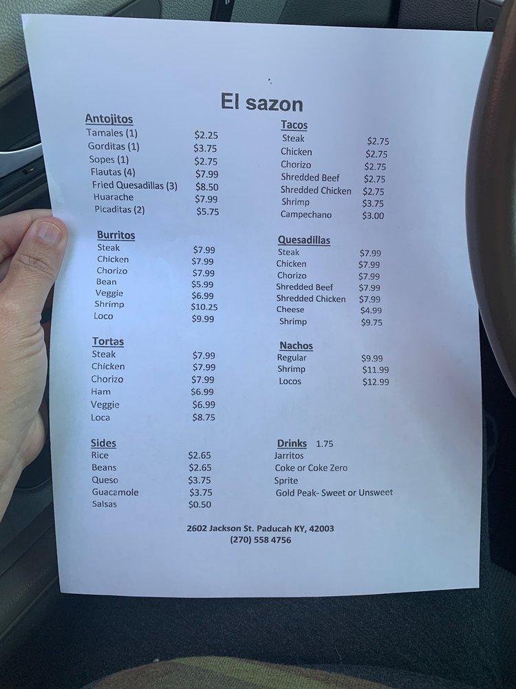 Menu at El SAZON restaurant, Paducah