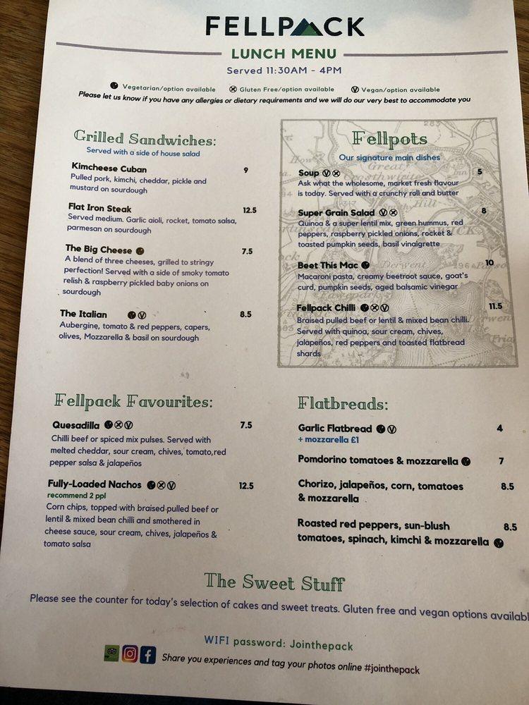 Menu at Fellpack restaurant, Keswick