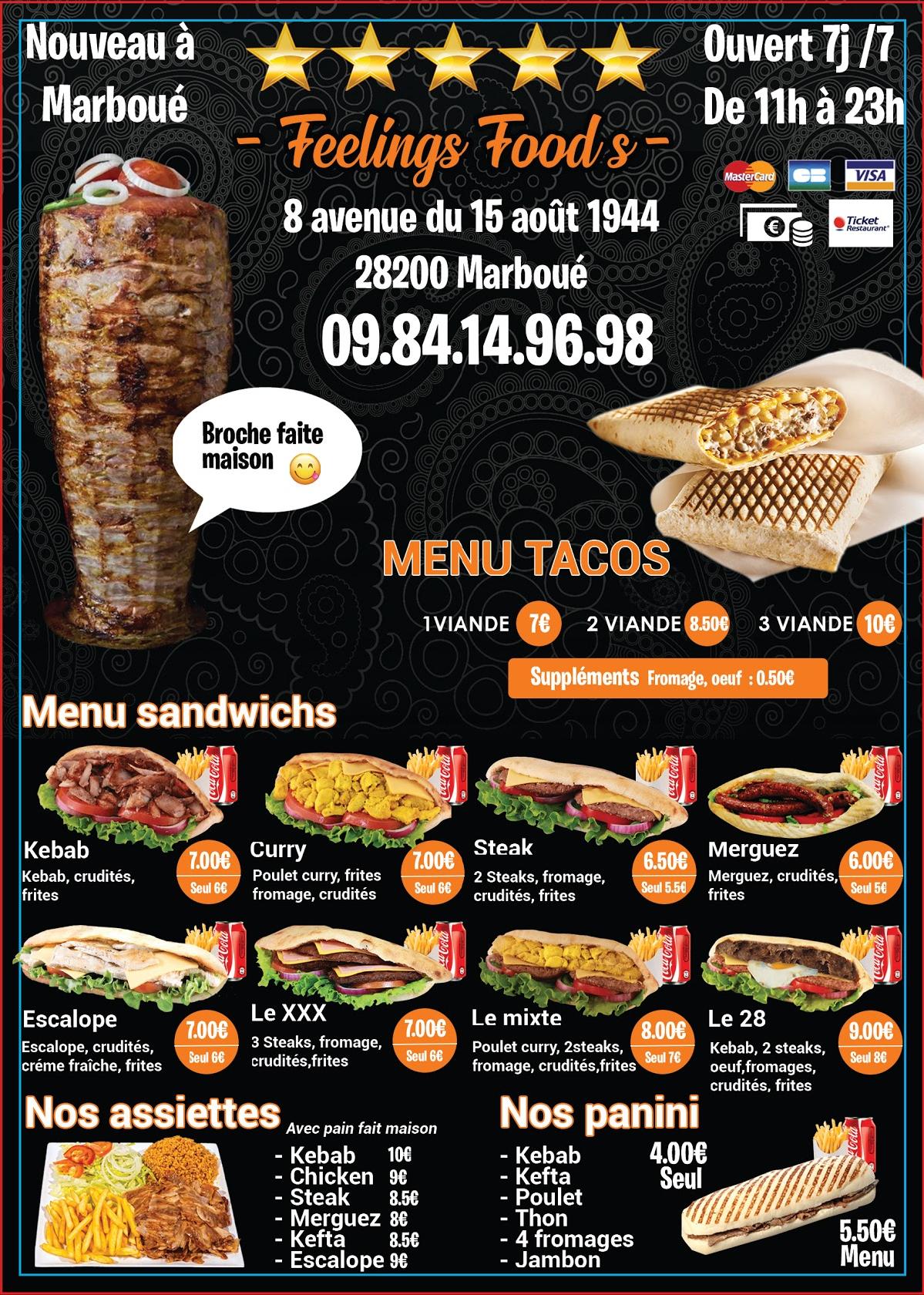 Menu au Kebab royal au Feelings Foods restaurant, Marboué