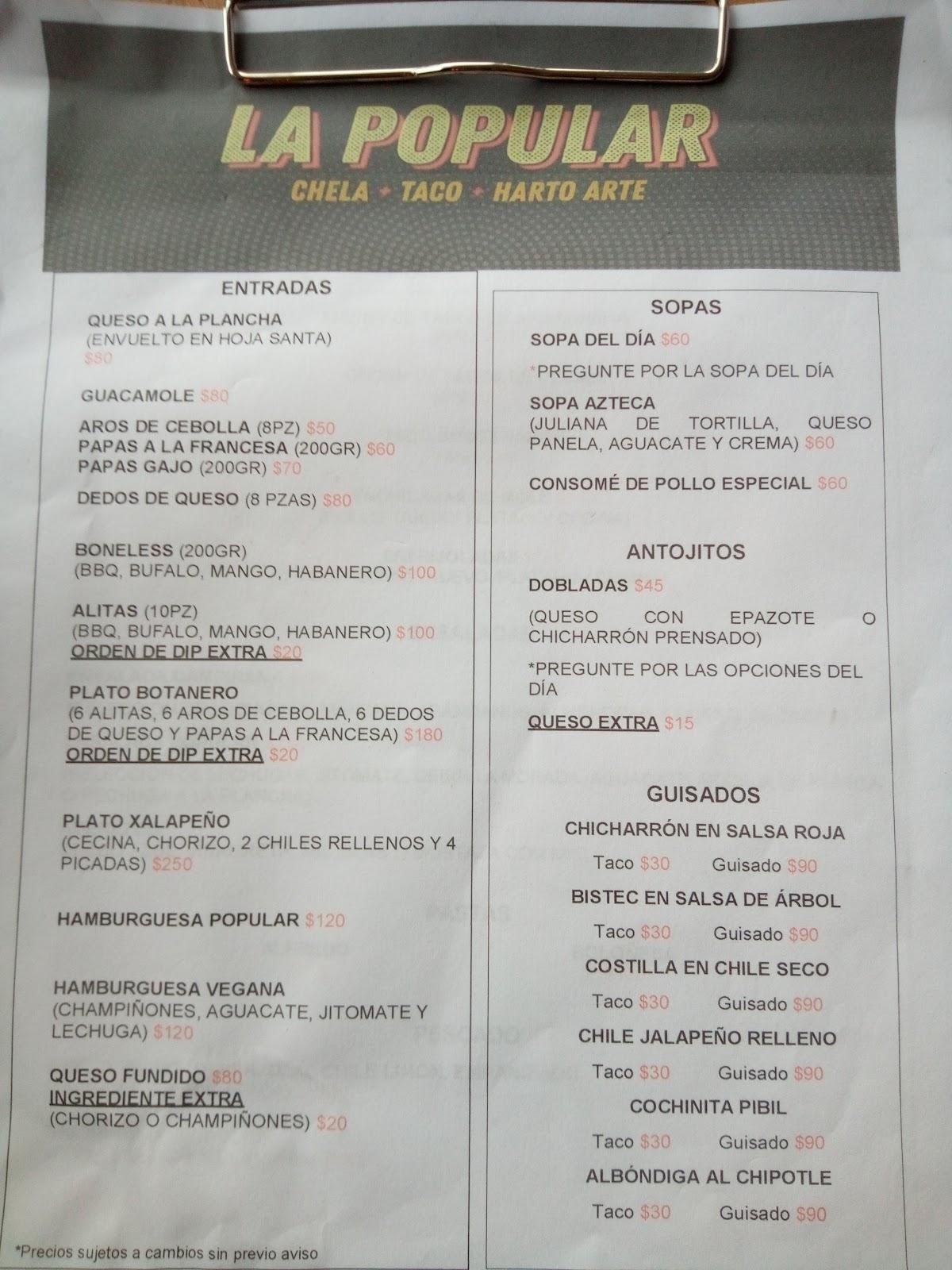 Carta del restaurante La Popular, Xalapa Enríquez
