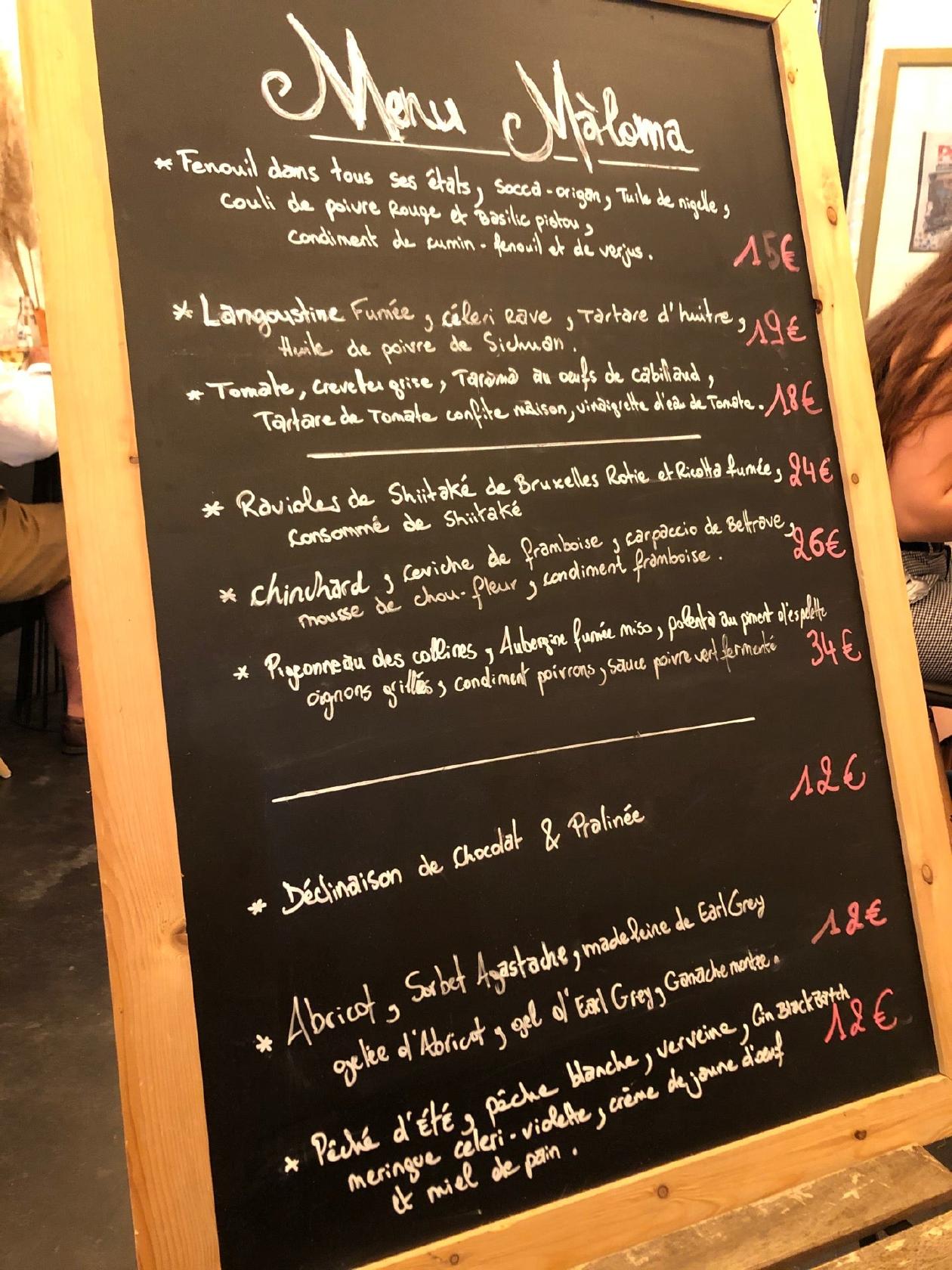 Menu at Maloma, Schaerbeek