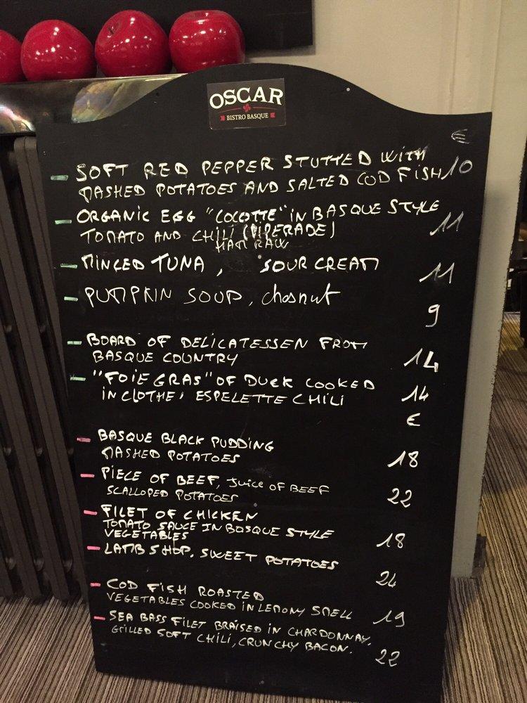 Menu at Oscar restaurant, Paris, 6 Rue de Chaillot 16e