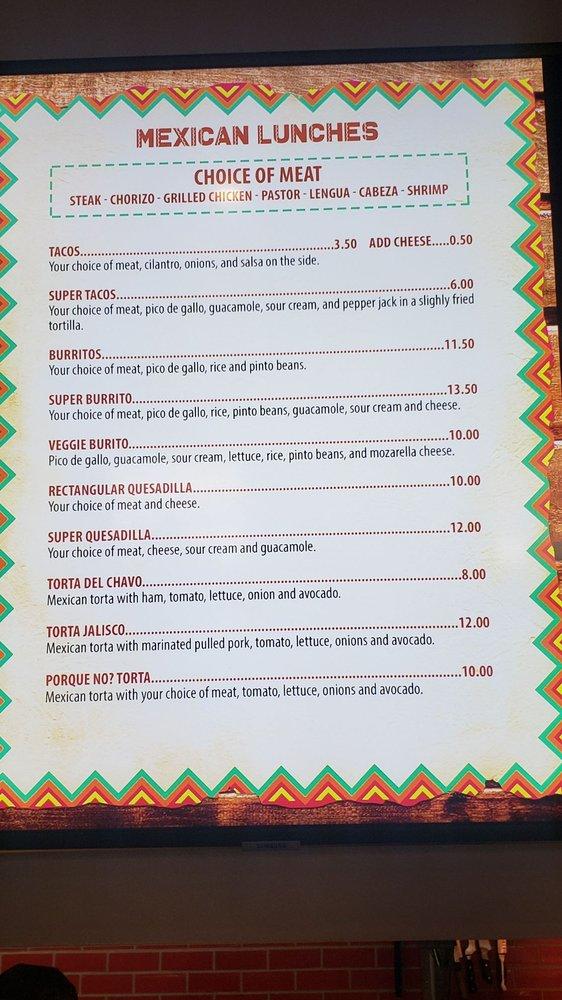 Menu at Porque no? Tacos restaurant, San Leandro
