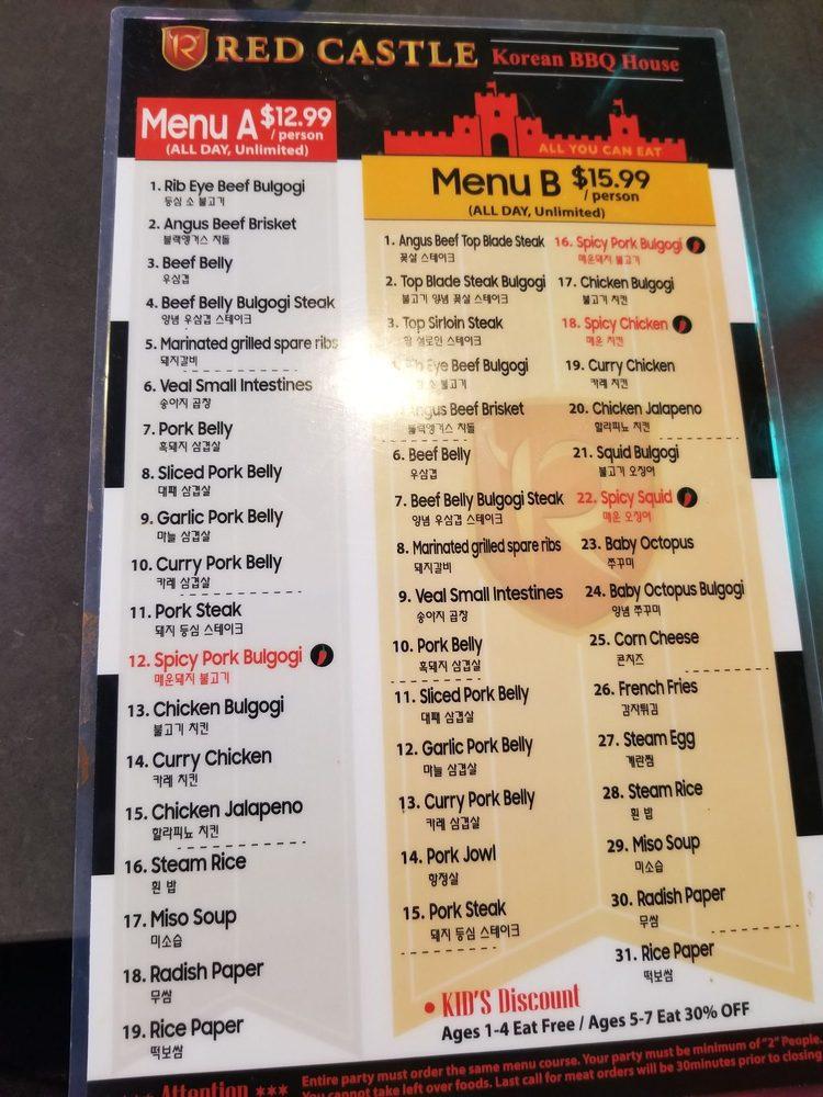 Menu at Red Castle Korean BBQ, Rialto