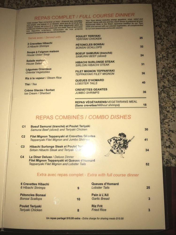 Menu au Toyo Grillades A La Japonaise restaurant à viande, Laval, Bd ...
