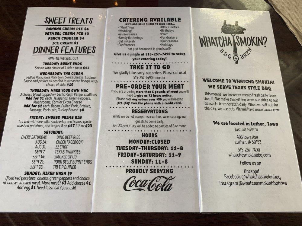 Menu at Whatcha Smokin BBQ & Brew, Luther