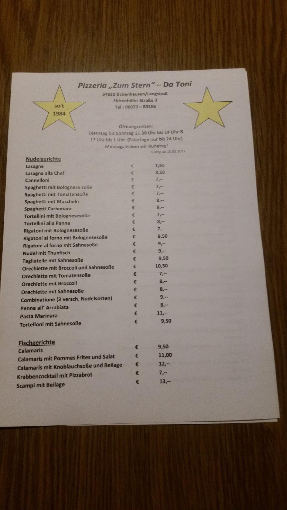 Menu at Zum Stern Da Toni restaurant, Babenhausen