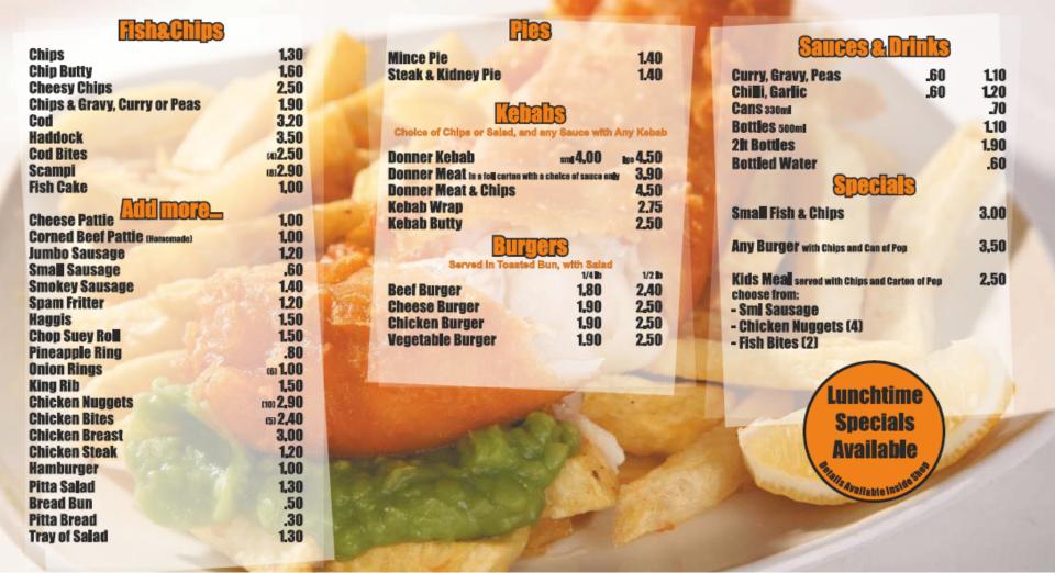Menu at Bait Box Fish Bar, Ashington