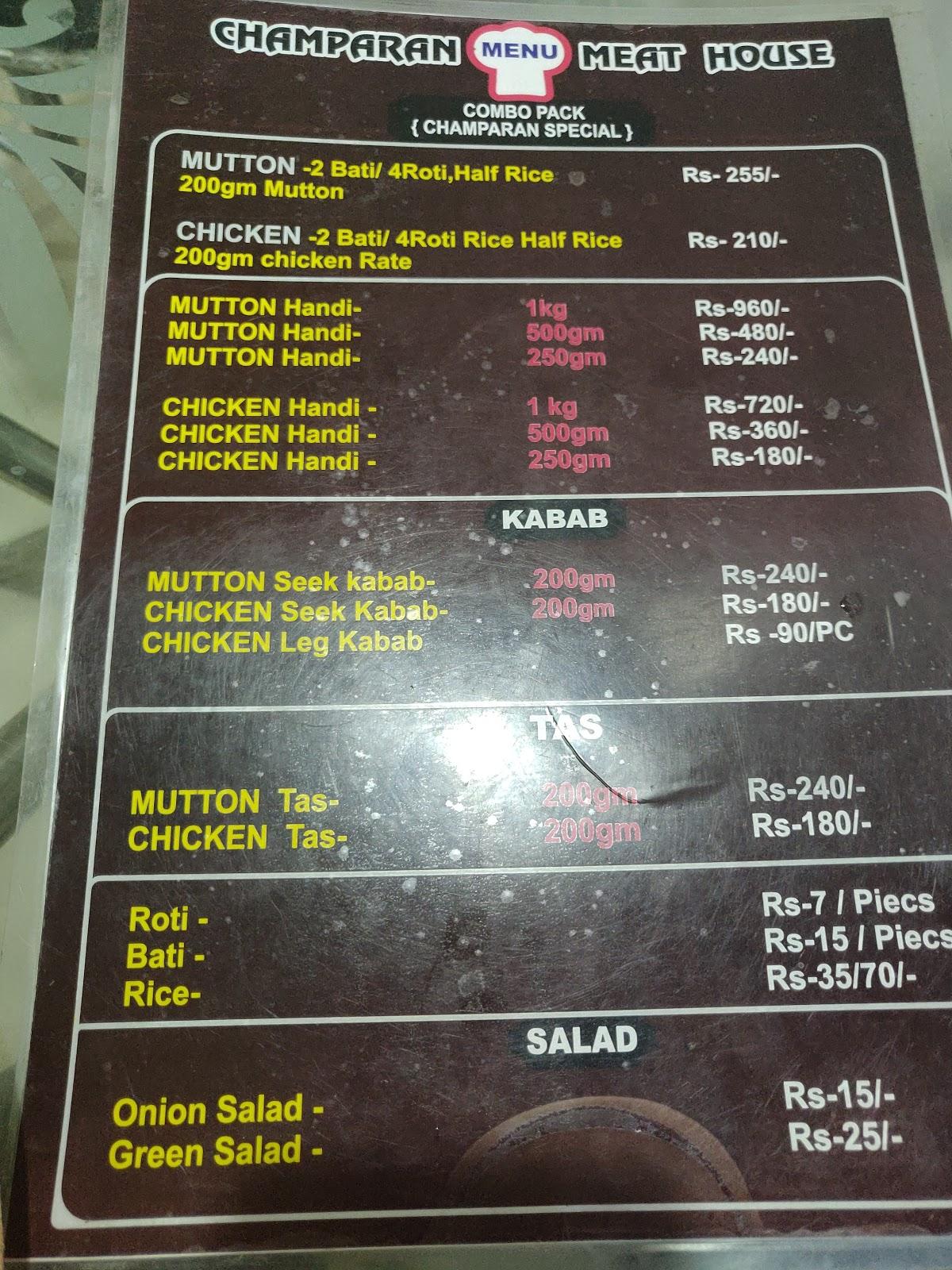 Menu at Champaran Meat House, Lucknow, 1