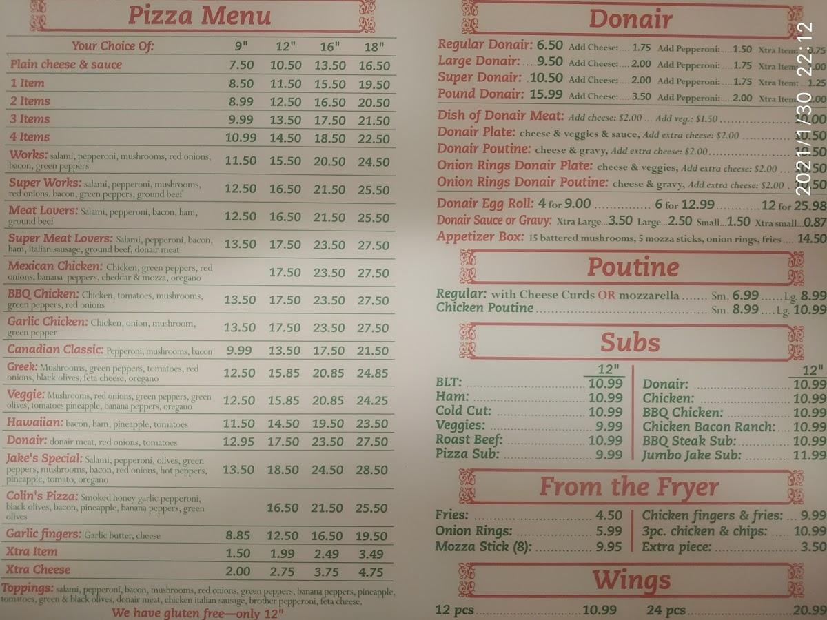 Menu at Jake's Pizza & Restaurant, Brookfield