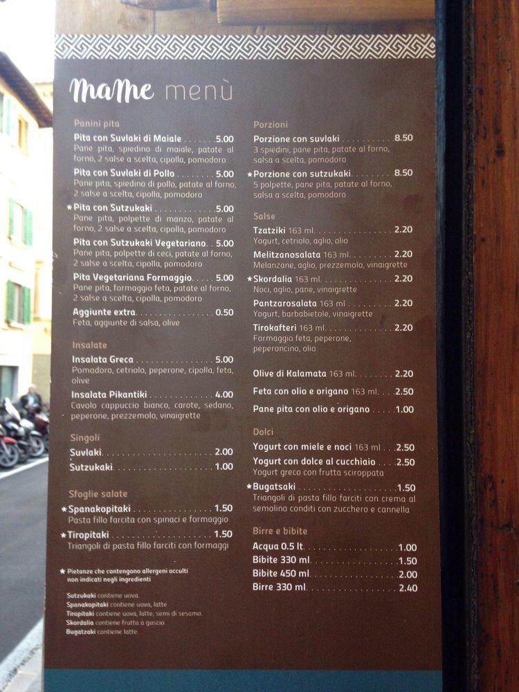 Menu at Mame - Mangiare Mediterraneo, Florence