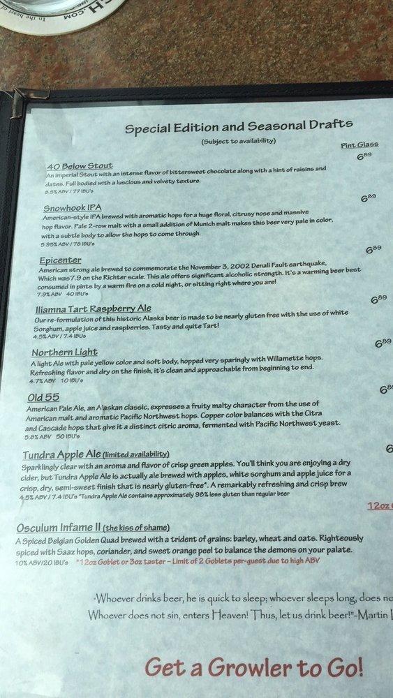 Menu at Silver Gulch Brewing & Bottling pub & bar, Anchorage, Ted ...