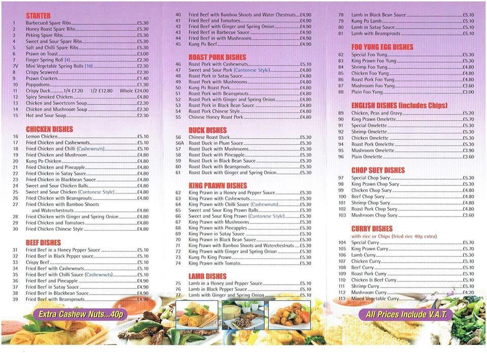 Menu at The Golden Phoenix fast food, Swansea