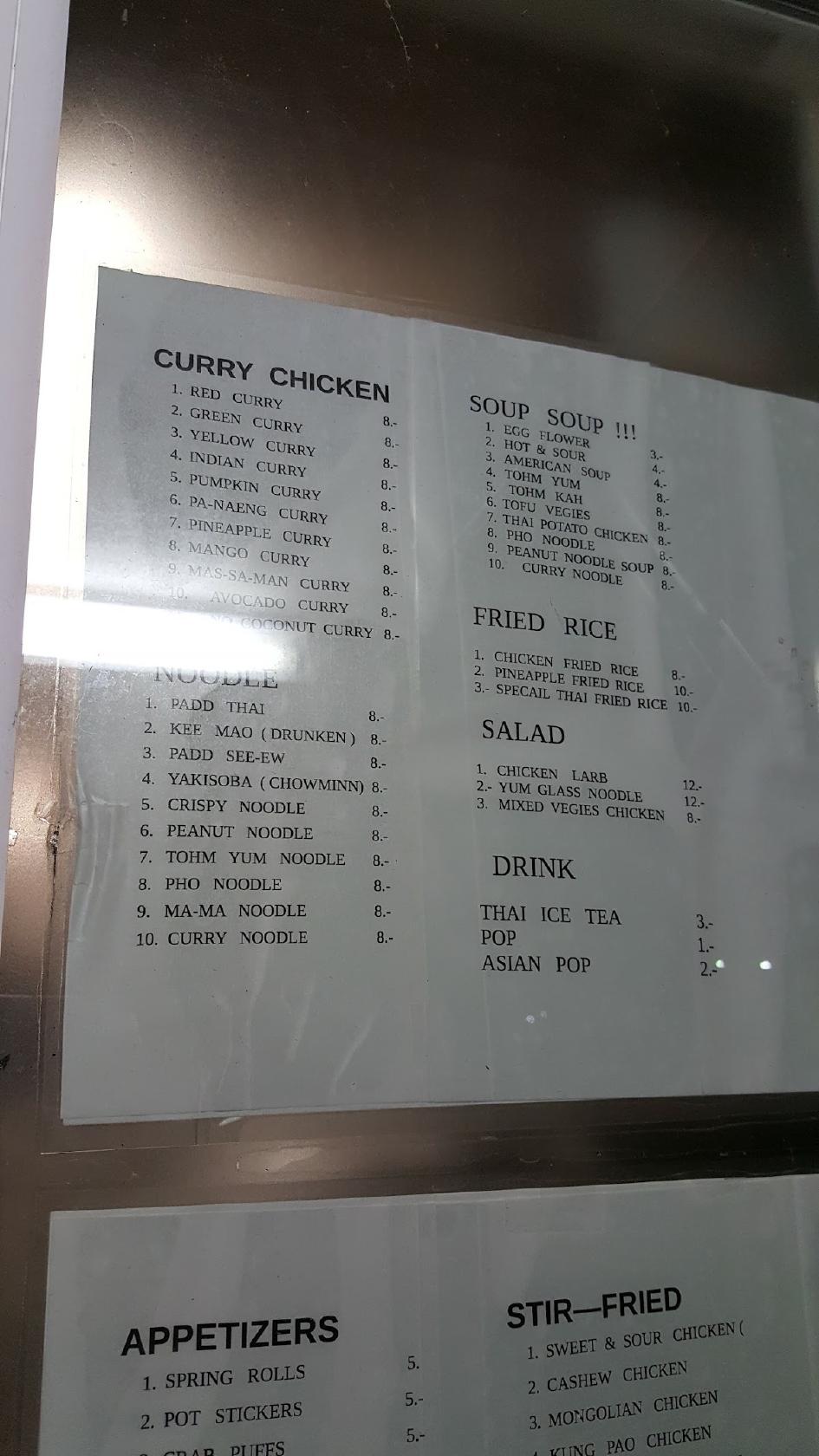 Menu at UFO Thai Food restaurant, Lebanon