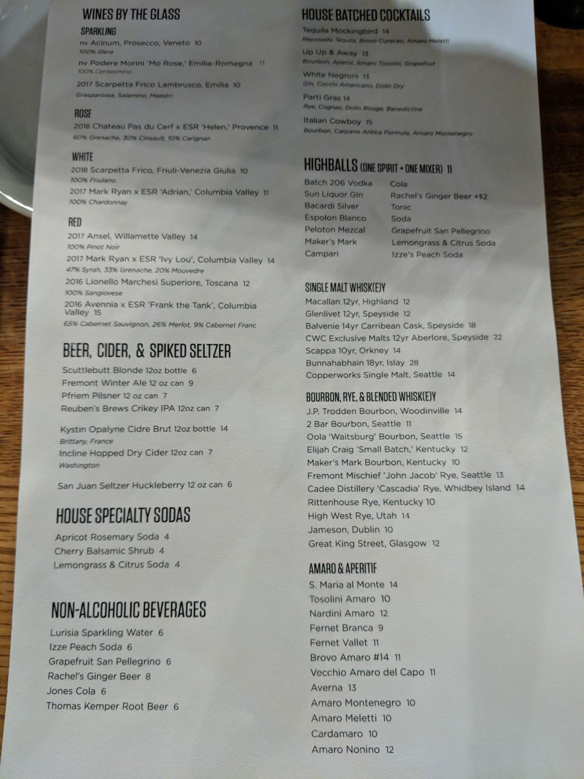Menu at mkt. restaurant, Seattle, N 55th St