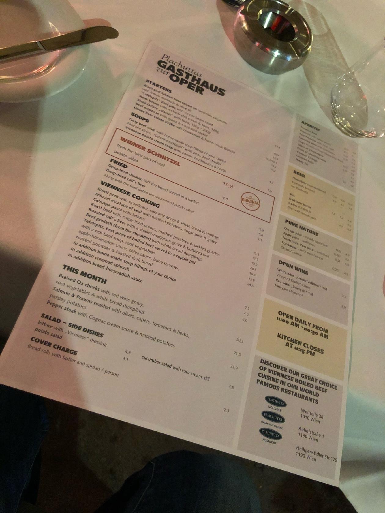 Speisekarte von Plachuttas Gasthaus zur Oper restaurant, Wien ...