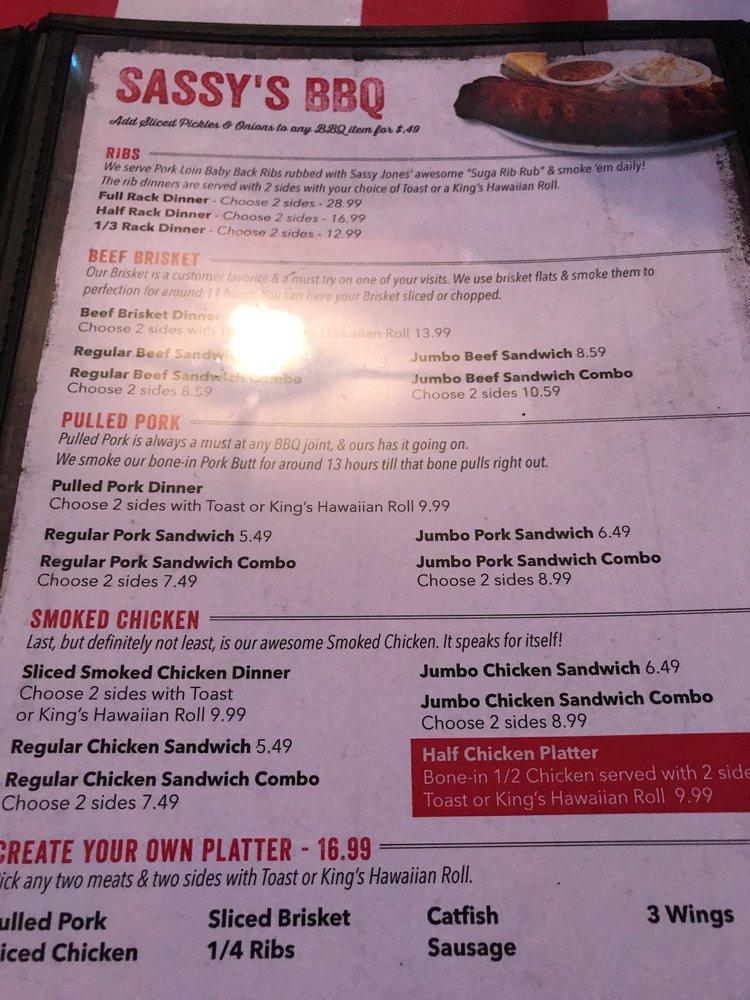 Menu at Sassy's Red House BBQ, Fayetteville