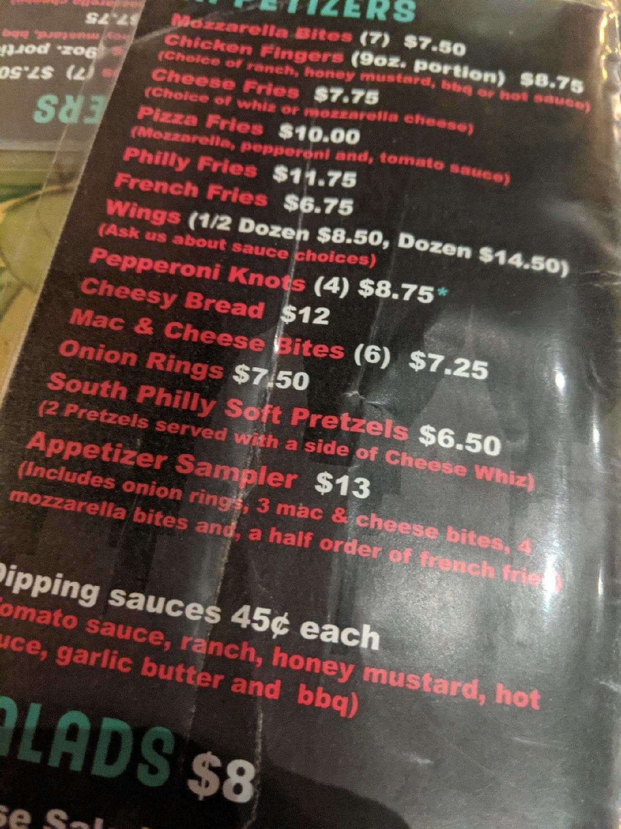 Menu at Spinelli's Pizza pizzeria, Tempe