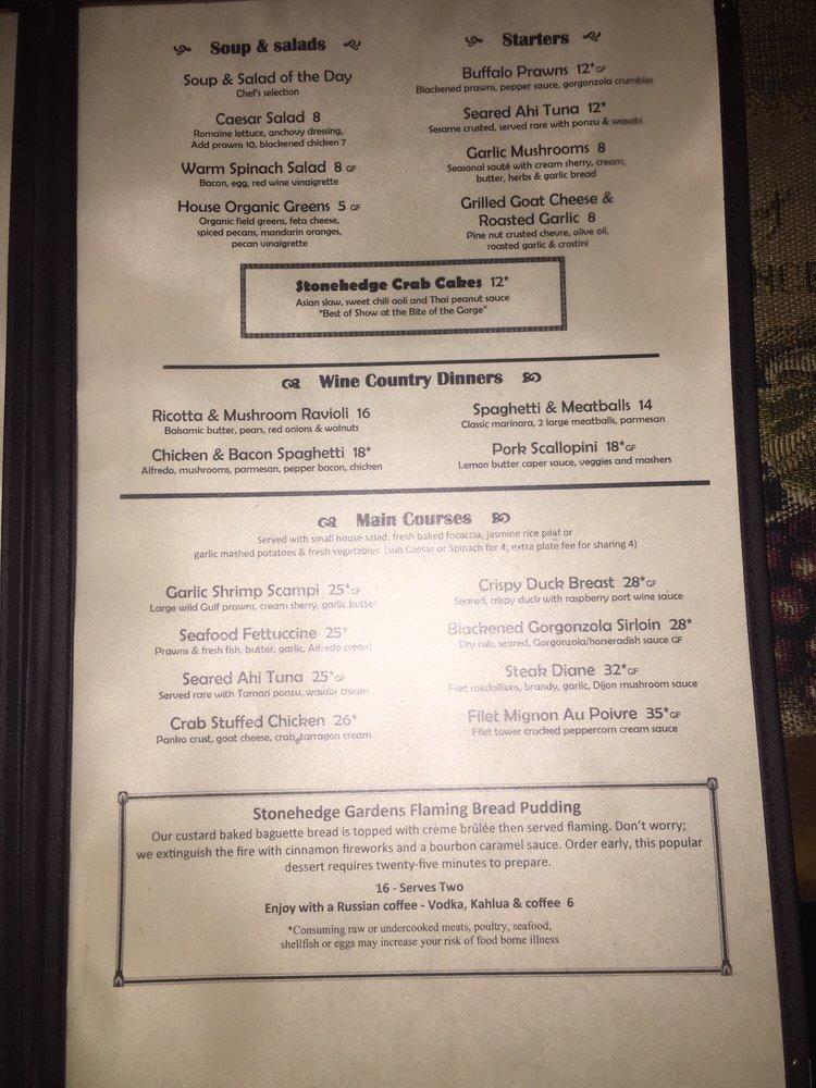 Carta del pub y bar Stonehedge Gardens, Hood River