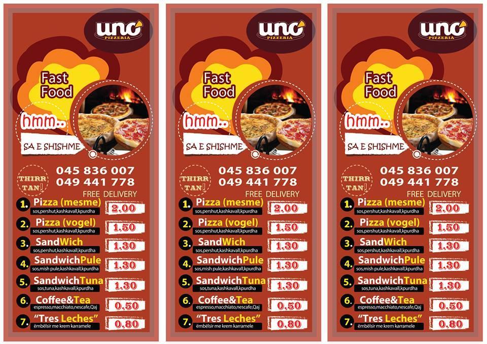 Menu at Uno Pizzeria, Prishtina