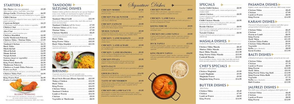 Menu at Wimborne Tandoori restaurant, Wimborne Minster