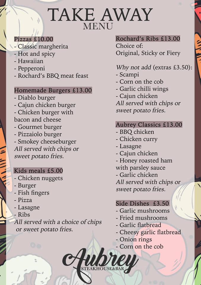 Menu at The Aubrey Arms restaurant, Ystalyfera