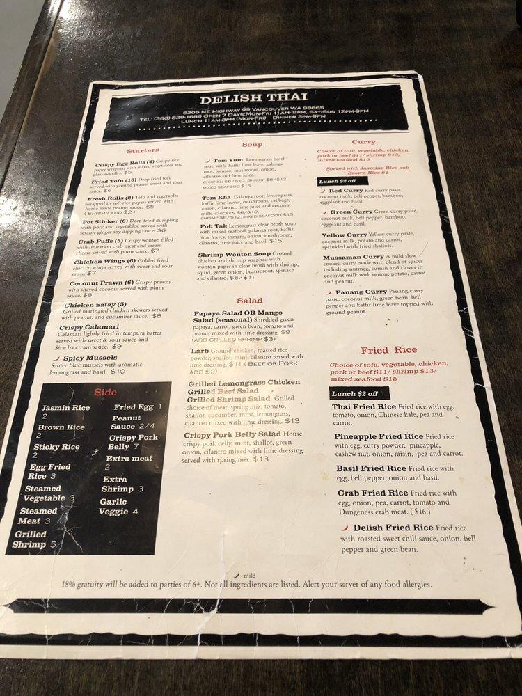 Menu at Delish Thai restaurant, Vancouver