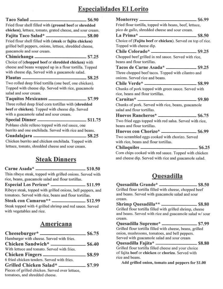 Carta de Los Pericos Authentic Mexican Restaurant, Walton