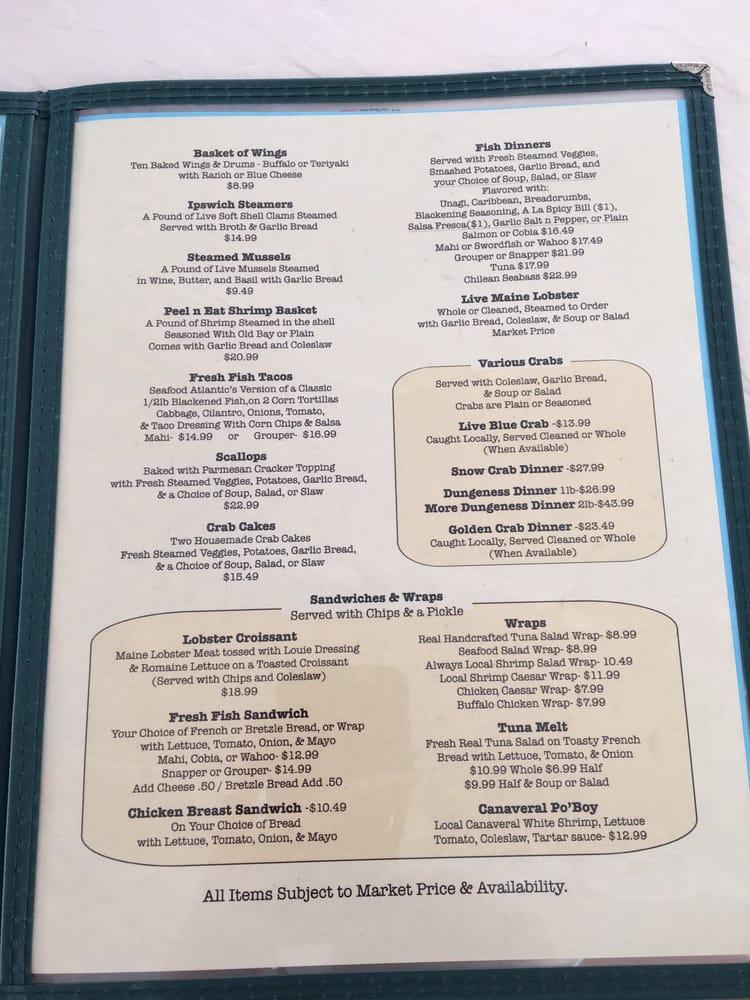Menu at Seafood Atlantic restaurant, Cape Canaveral