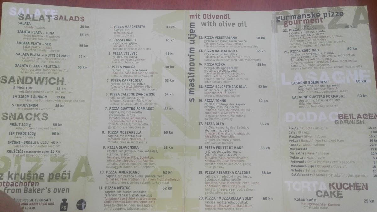 Menu at bistro Olea restaurant, Tučepi