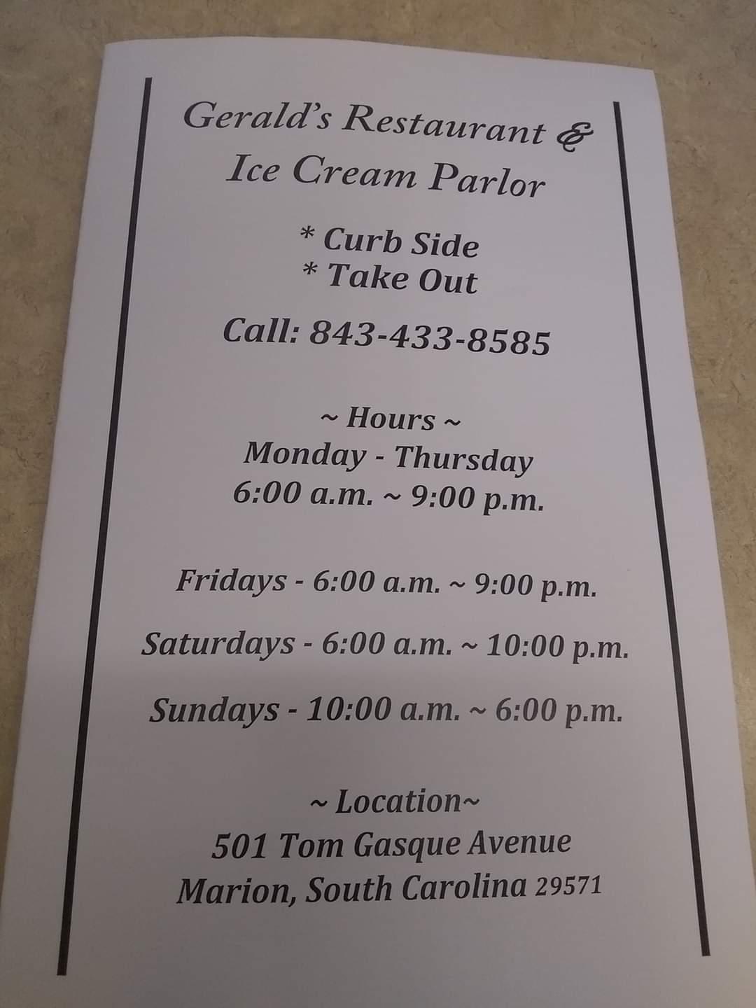 Menu at Gerald's Restaurant and Ice Cream Parlor, Marion