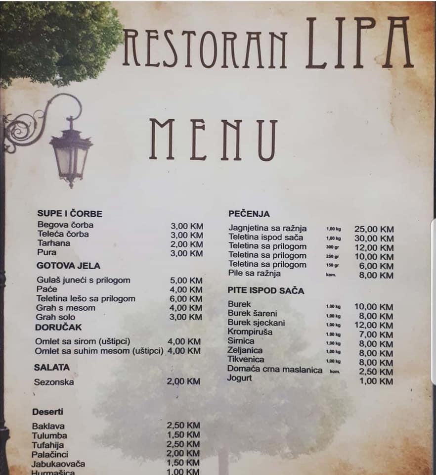 Menu at Lipa restaurant, Kakanj