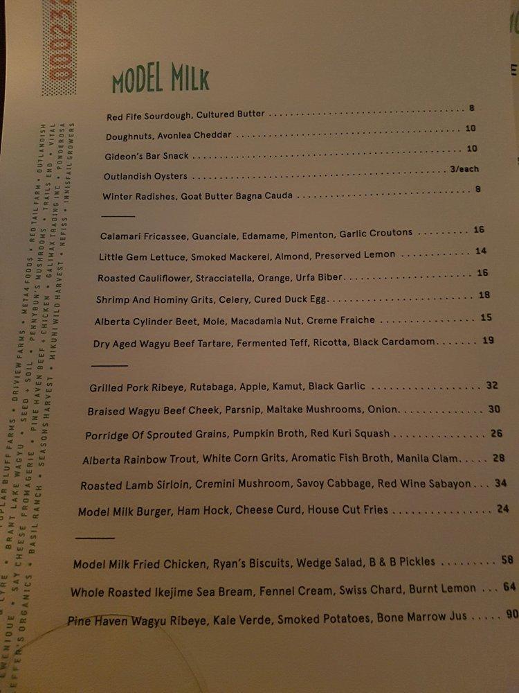 Menu at Model Milk restaurant, Calgary