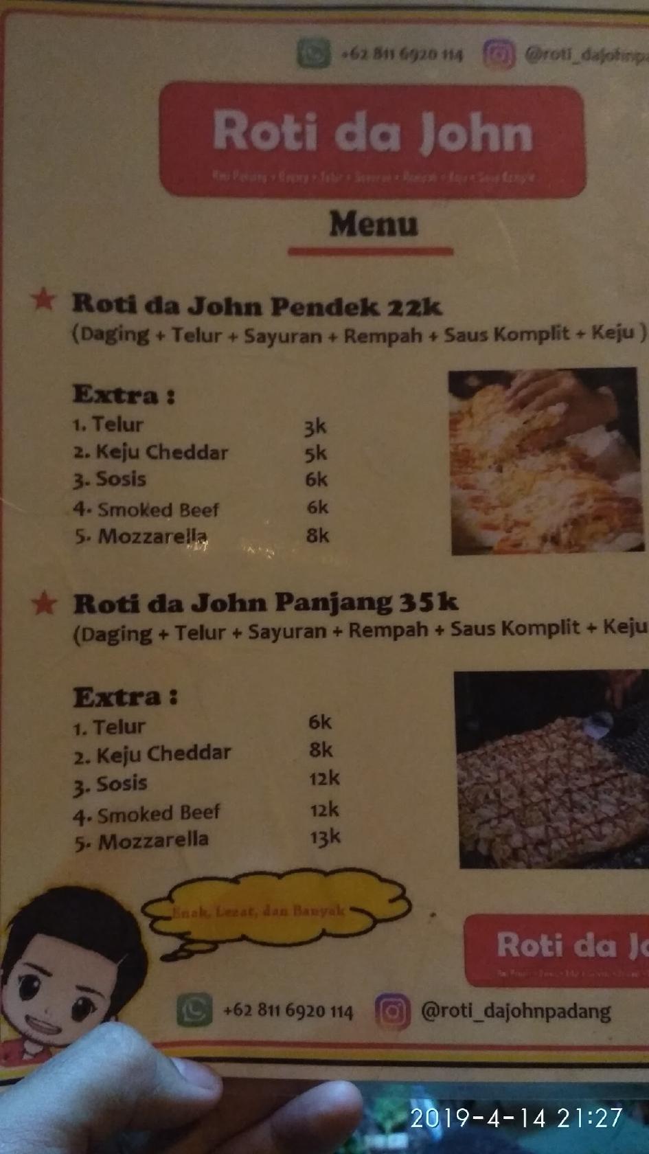Menu at Roti da John restaurant, Padang