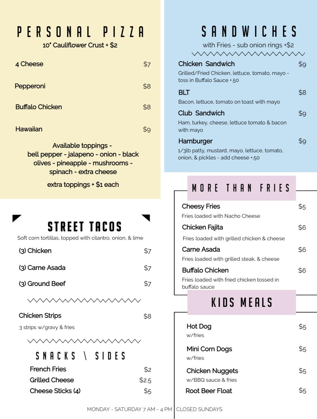 Menu at SB Grill & Pizza restaurant, Sierra Blanca