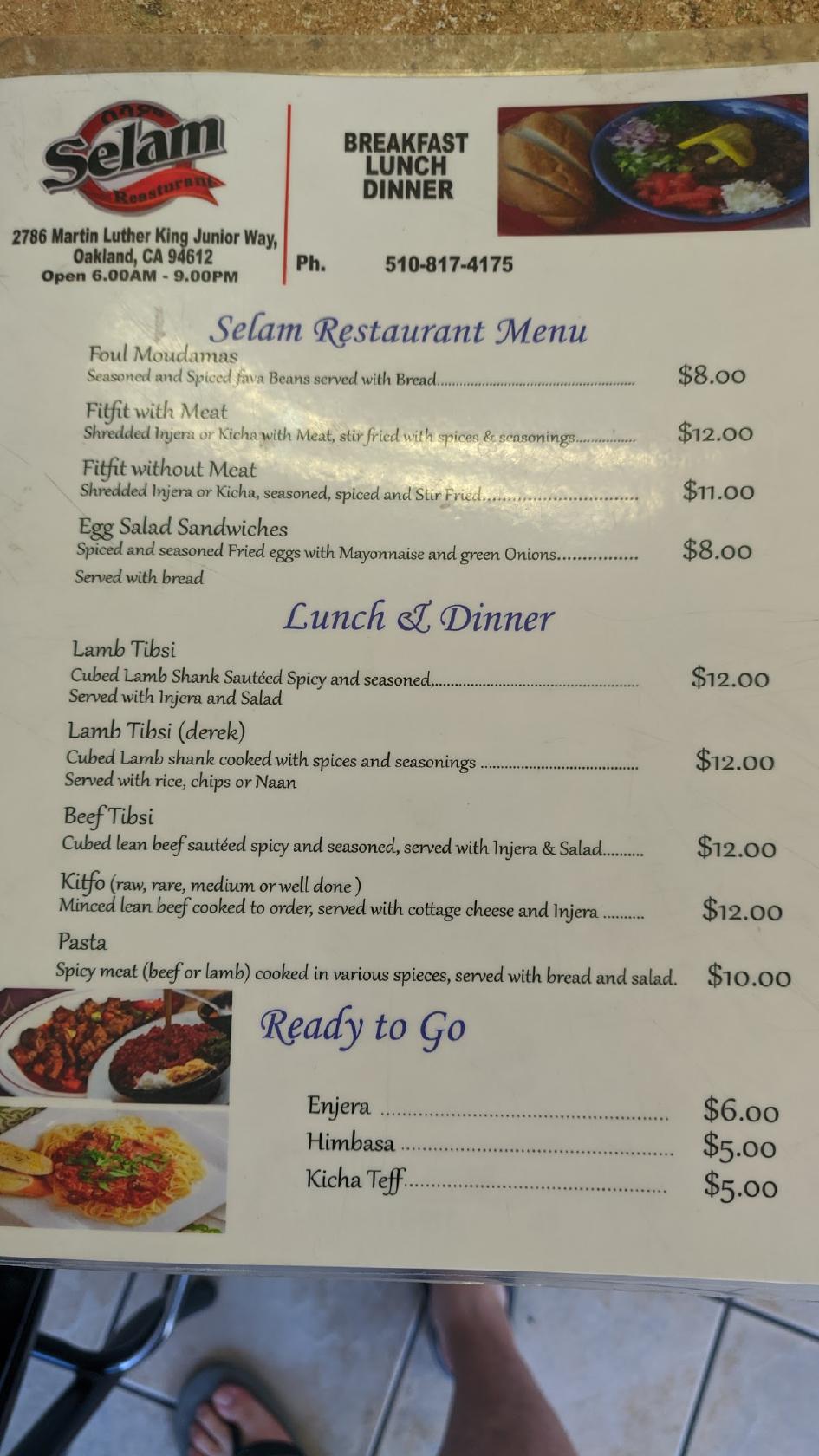 Menu at Selam restaurant, Oakland
